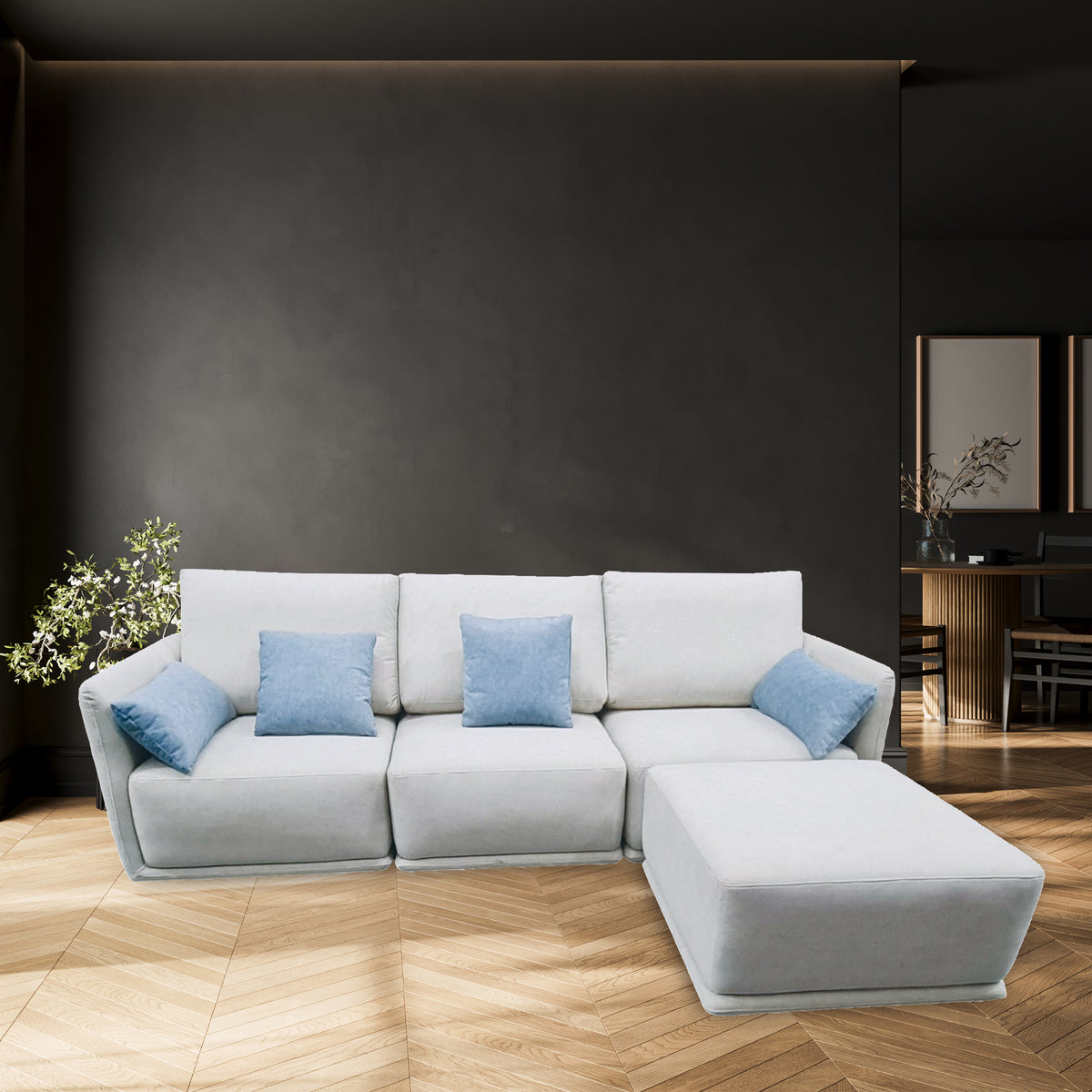 Domici 3 Seater Modular Sofa + Stool, Fabric — Novena Furniture Singapore